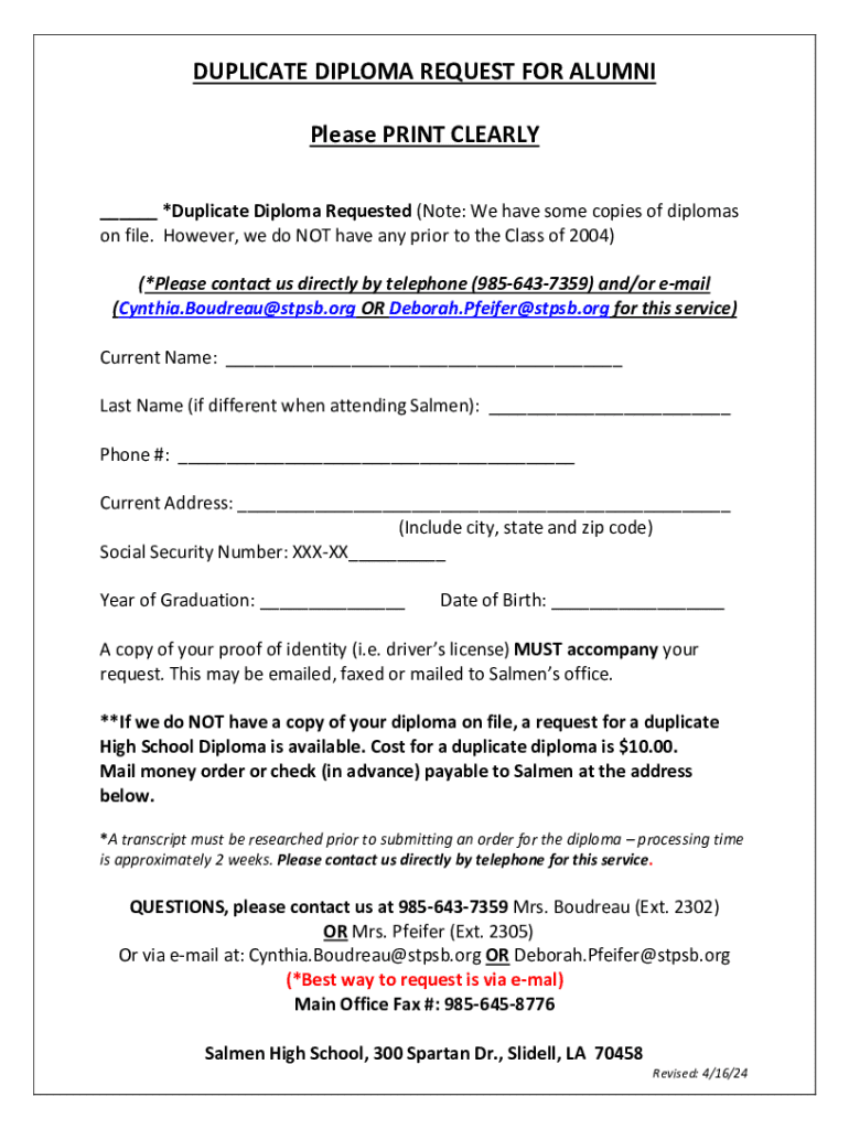 Fillable Online Duplicate Diploma Request Form Fax Email Print - pdfFiller