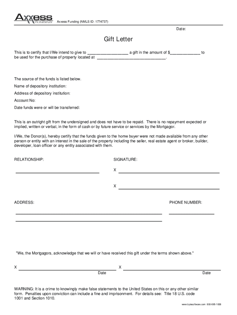 Fillable Online Gift Letter for Property Purchase Fax Email Print ...