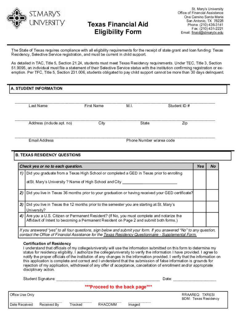 Fillable Online Texas Financial Aid Eligibility Form Fax Email Print ...