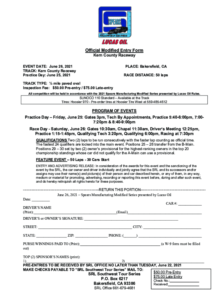 Fillable Online Kern County Raceway Modified Entry Fax Email Print ...