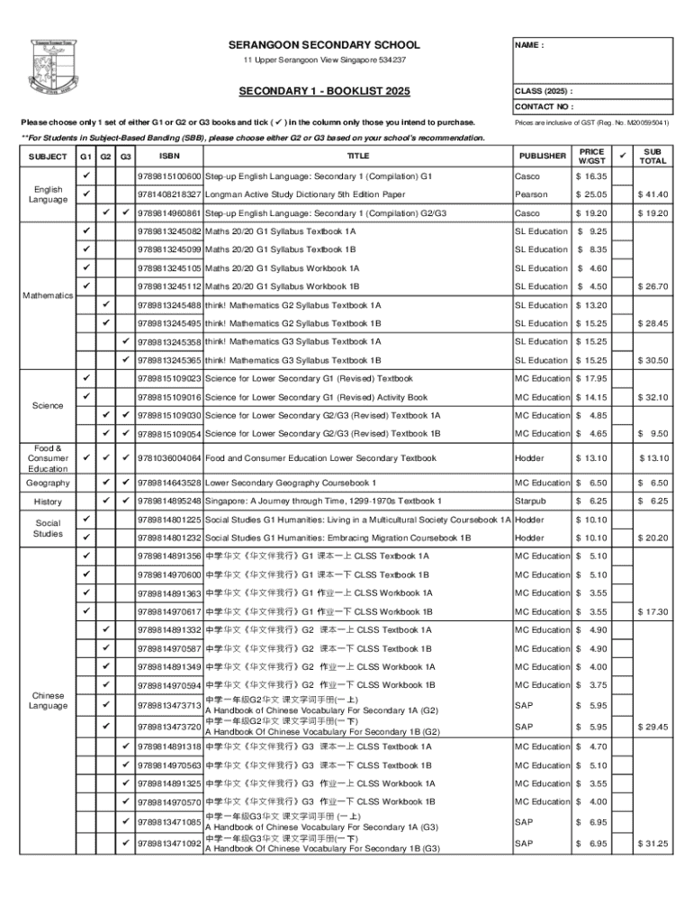 Fillable Online Secondary 1 - Booklist 2025 Fax Email Print - pdfFiller