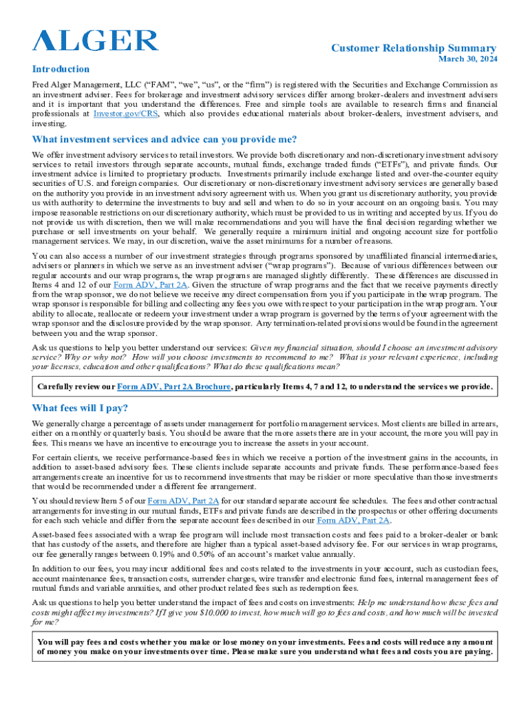 Fillable Online Fred Alger Management, LLC Form CRS Fax Email Print ...