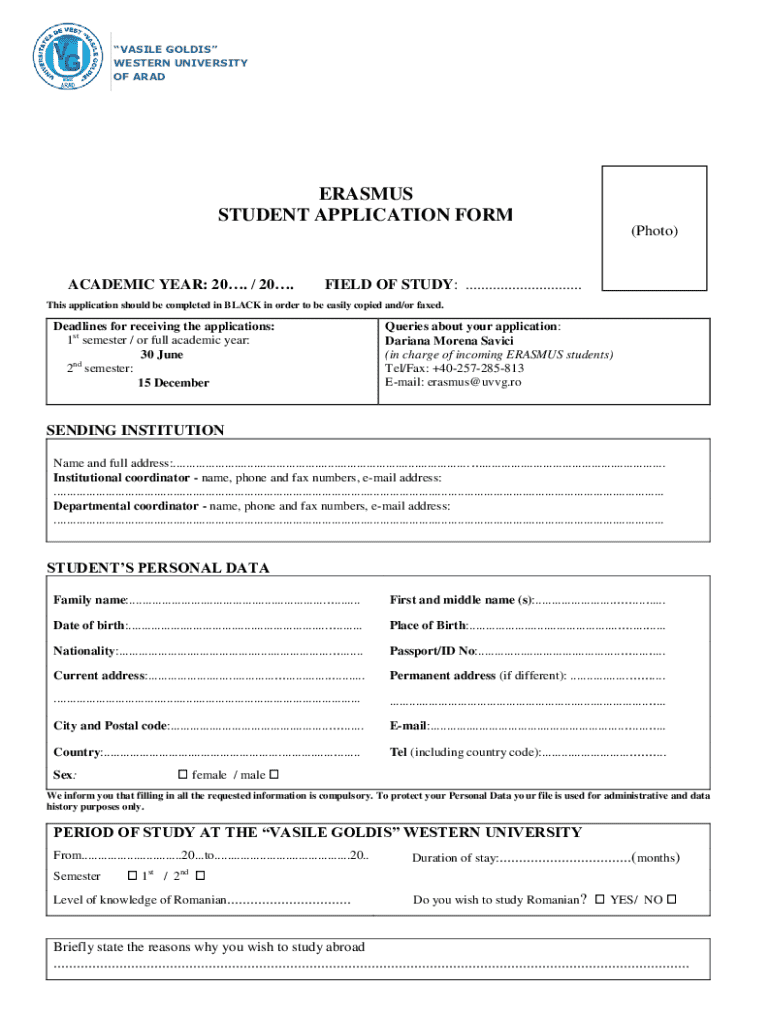 Fillable Online Erasmus Student Application Form at Vasile Goldis Western University Fax Email ...