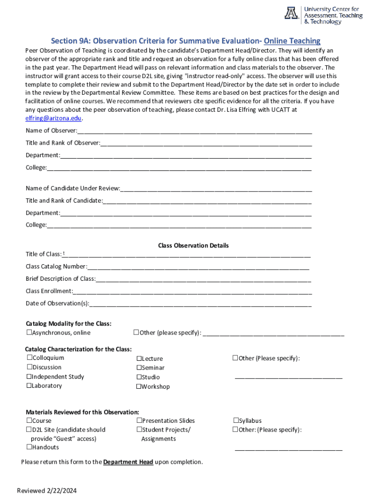 Fillable Online Peer Observation of Teaching Fax Email Print - pdfFiller
