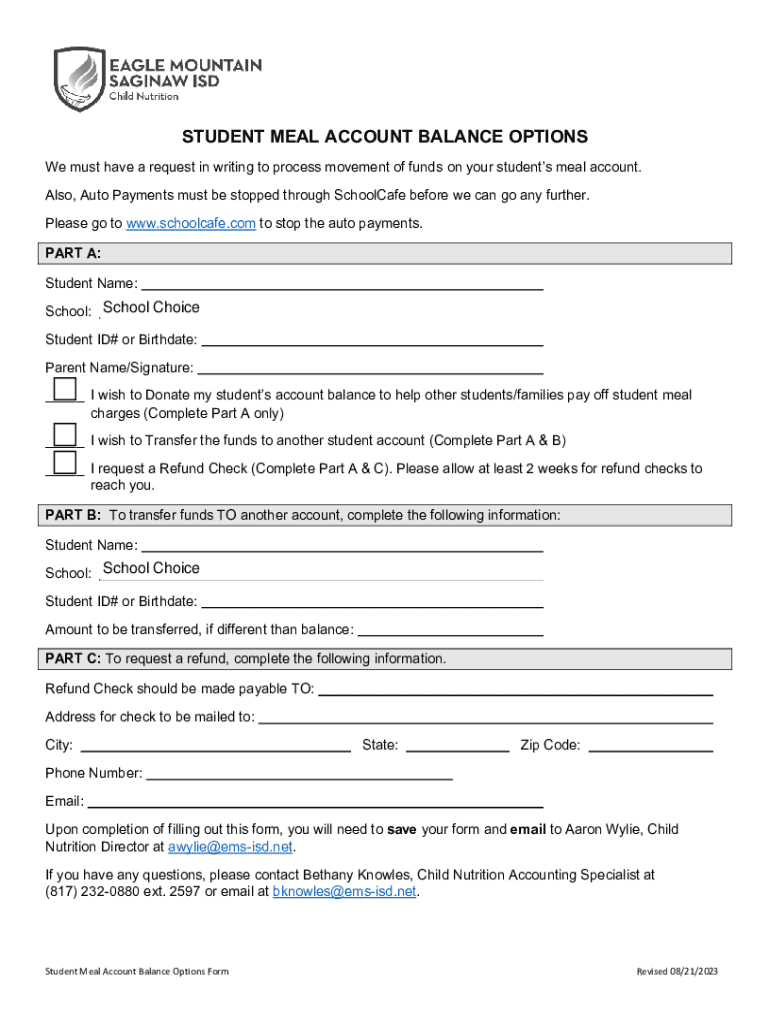 Fillable Online Student Meal Account Balance Options Fax Email Print ...