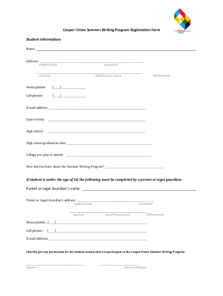 Fillable Online Cooper Union Summer Writing Program Registration Form Fax Email Print - pdfFiller