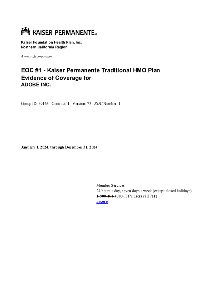 Fillable Online Kaiser Permanente Traditional Hmo Plan Evidence of Coverage for Adobe Inc. Fax ...