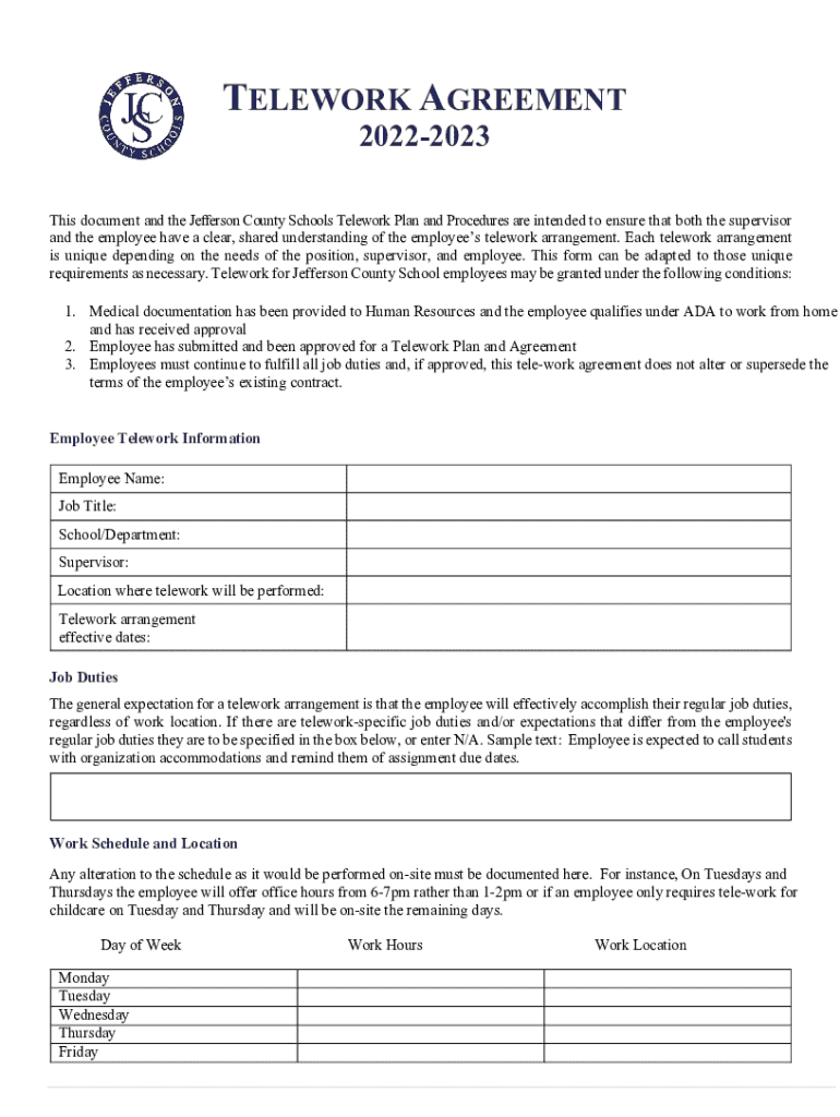 Fillable Online Telework Agreement 2022-2023 Fax Email Print - pdfFiller