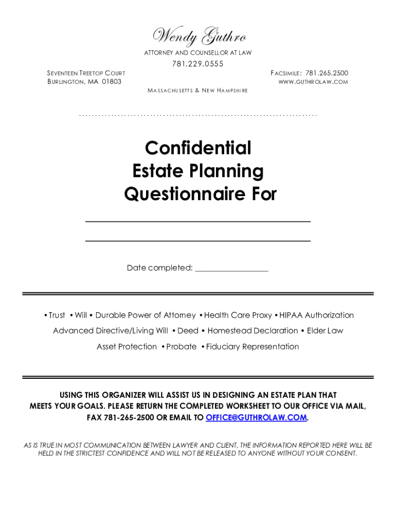 Fillable Online Confidential Estate Planning Questionnaire Fax Email Print - pdfFiller