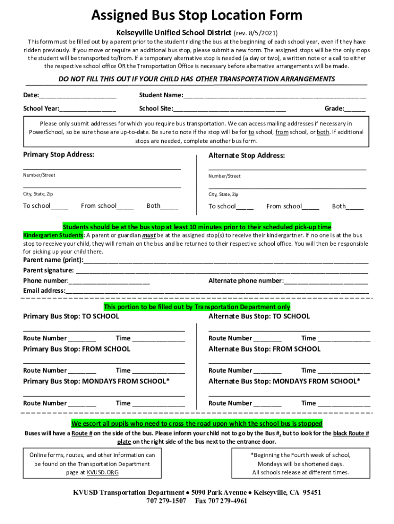 Fillable Online Assigned Bus Stop Location Form - Kelseyville Unified ...