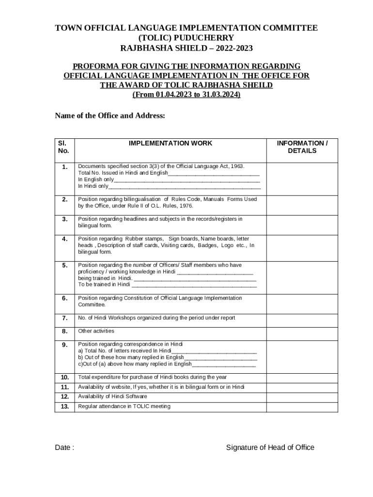 Tolic Rajbhasha Shield Proa Doc Template | pdfFiller