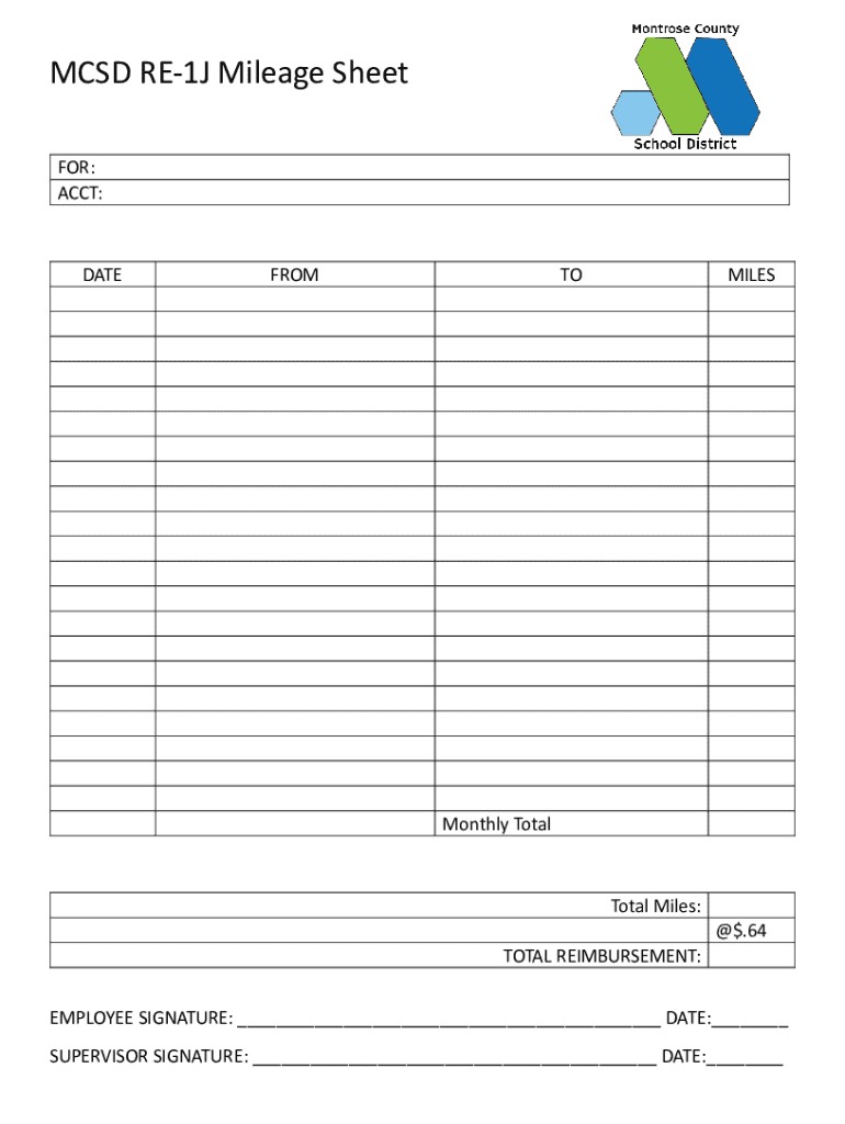 Fillable Online Mcsd Re-1j Mileage Sheet Fax Email Print - pdfFiller