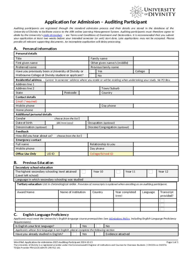 Application for AdmissionAuditing Participant - divinity edu Doc Template | pdfFiller