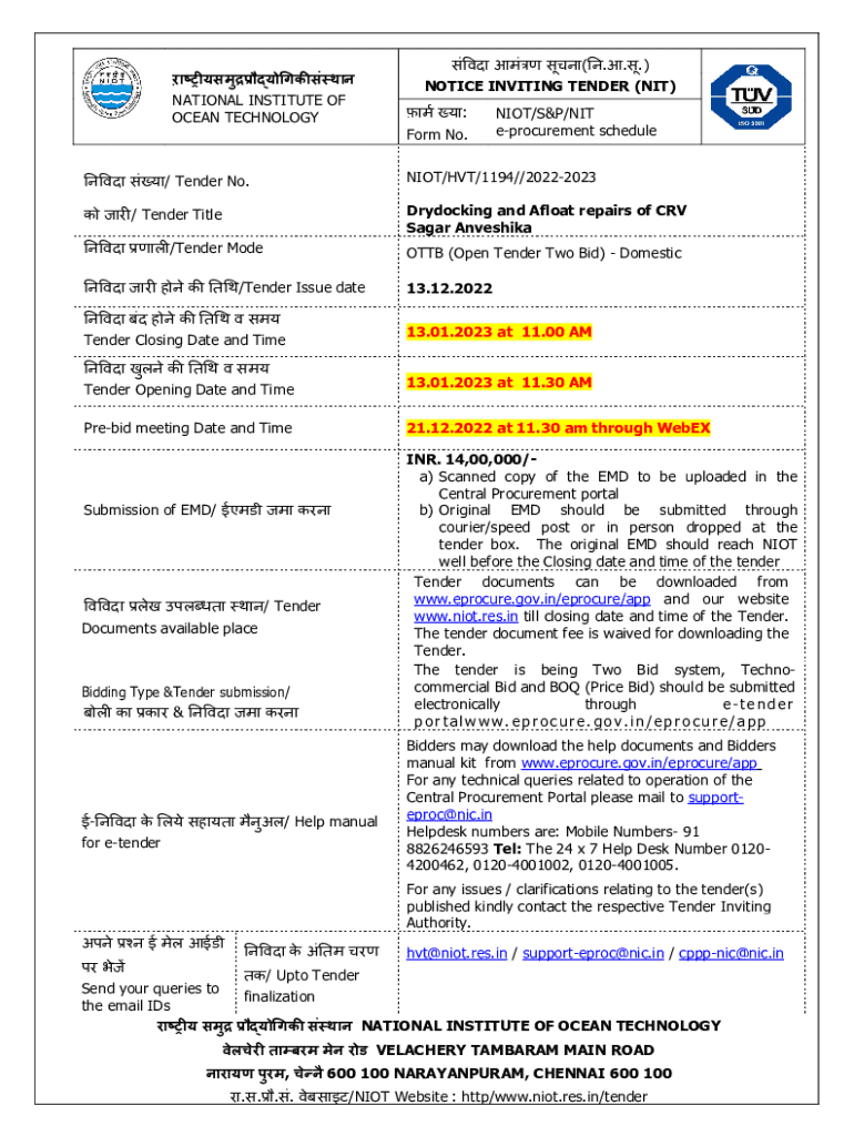 Fillable Online NOTICE INVITING TENDER (NIT) Form No. NIOT/S&P/NIT ...