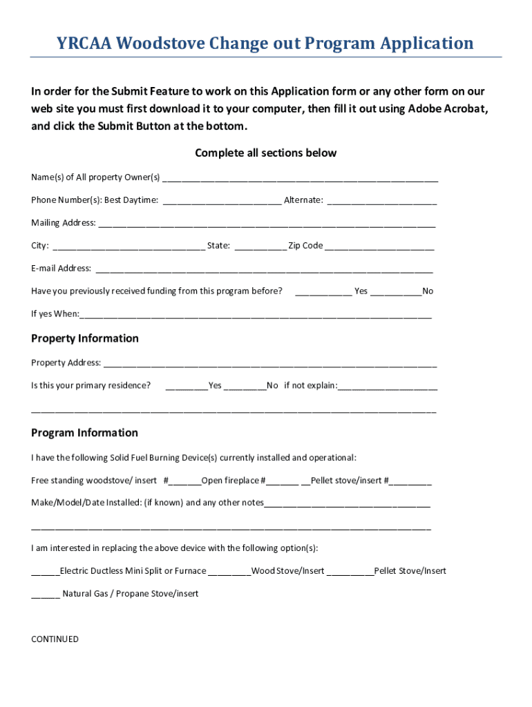 Fillable Online Woodstove Change Out Program Application Fax Email ...