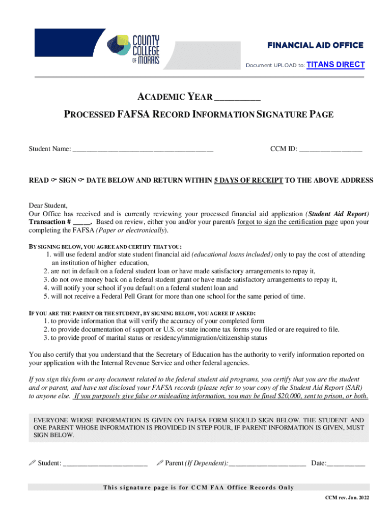 Fillable Online PROCESSED FAFSA RECORD INFORMATION SIGNATURE PAGE Fax ...