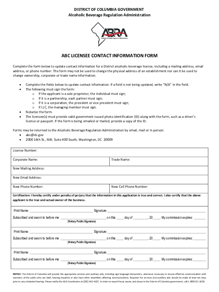 Fillable Online Alcoholic Beverage Licensee Contact Information Update ...
