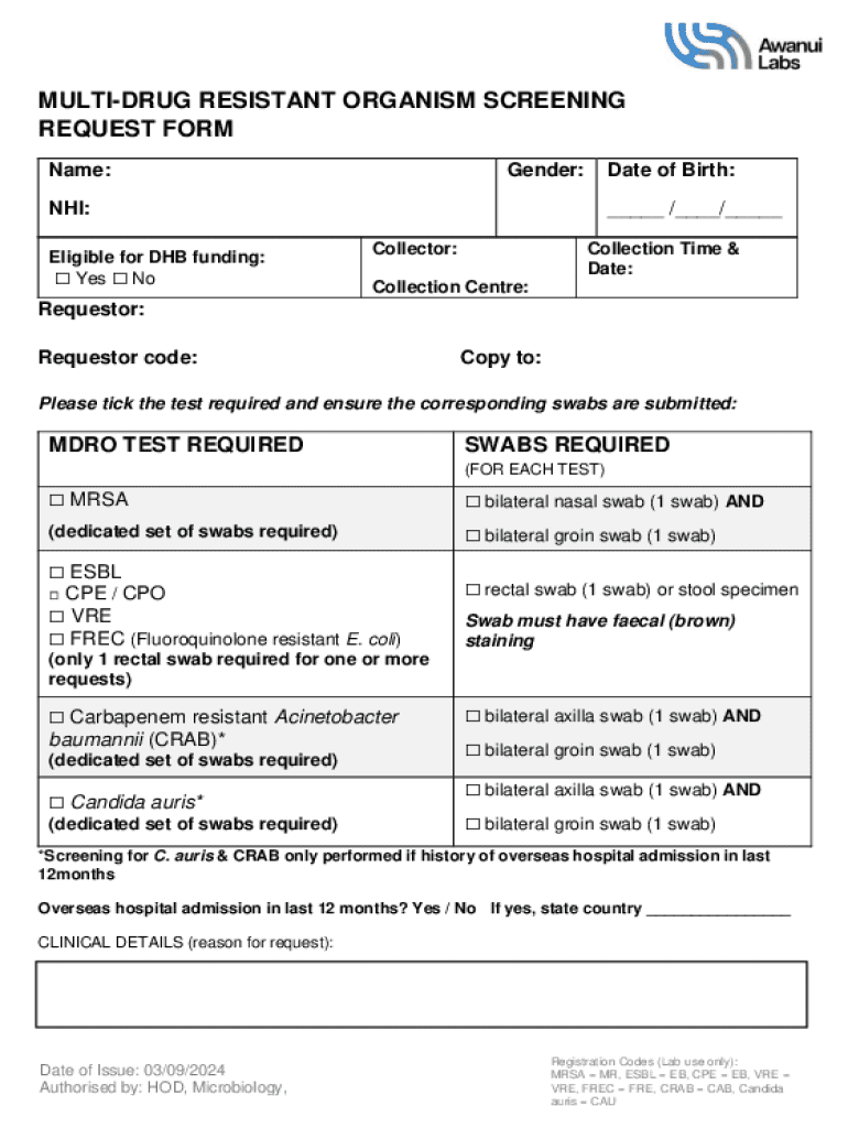 Fillable Online MULTI-DRUG RESISTANT ORGANISM SCREENING REQUEST ... Fax ...