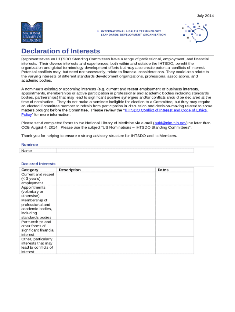 Declaration of Interests . IHTSDO Standing Committee Nomination s Doc ...
