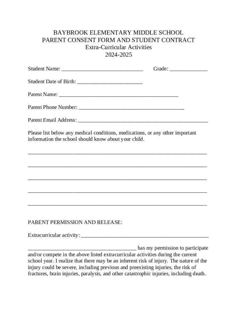 Parent Consent and Student Contract Doc Template | pdfFiller