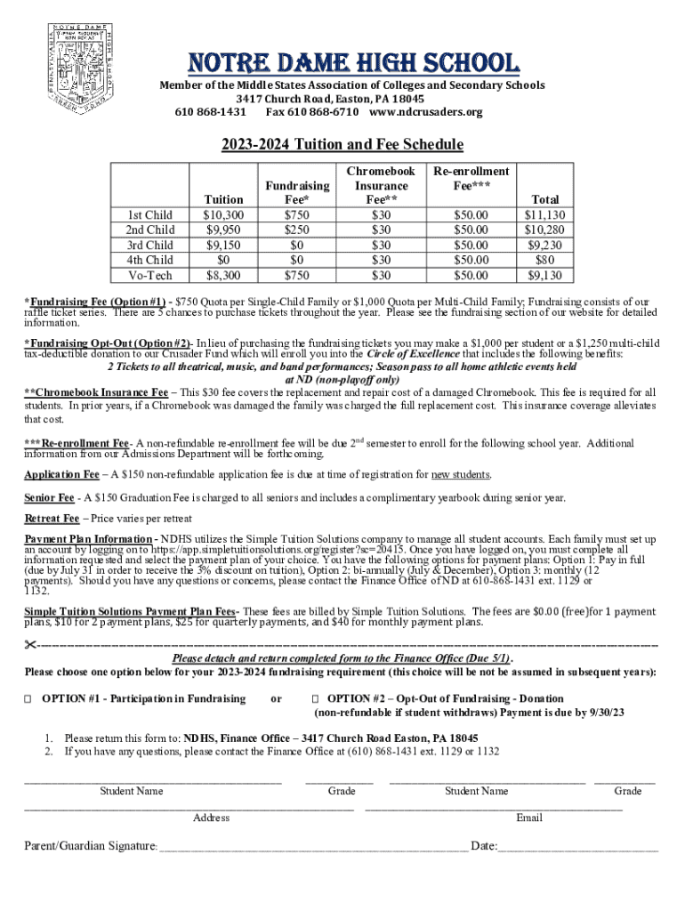 Fillable Online Notable Fees and Tuition Information for Notre Dame High School Fax Email Print ...