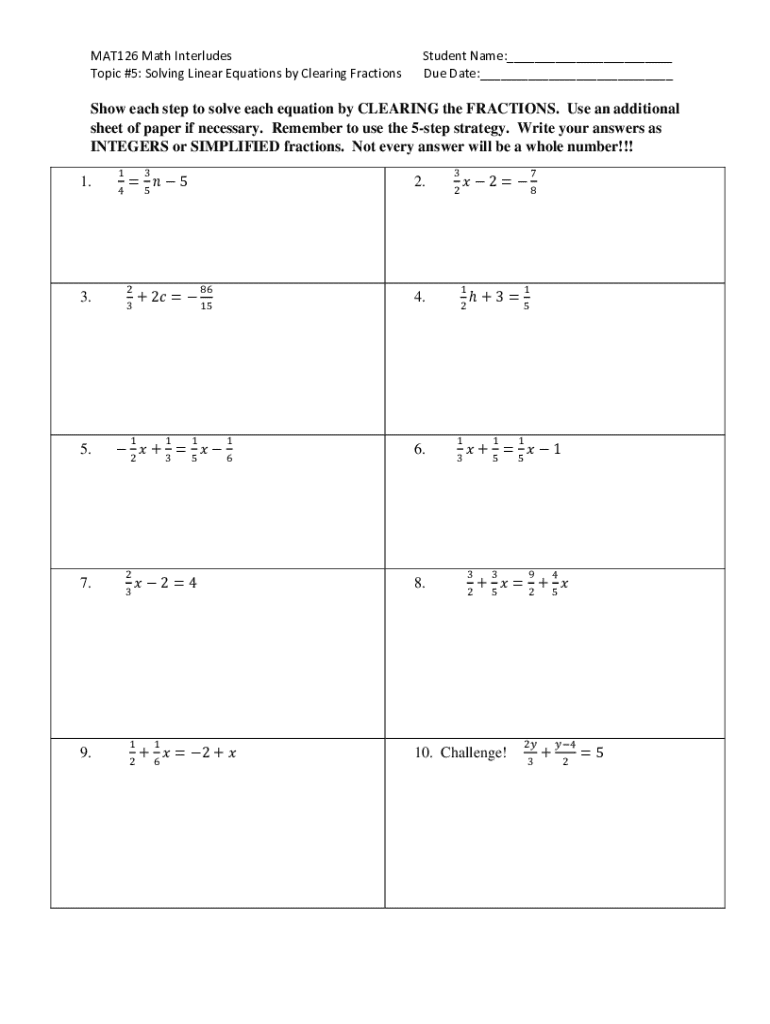 Fillable Online Solving Linear Equations by Clearing Fractions Due Date ...