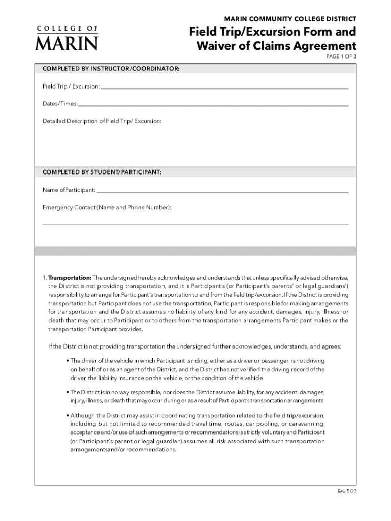 Fillable Online Field Trip/Excursion Form and Waiver of claims ...