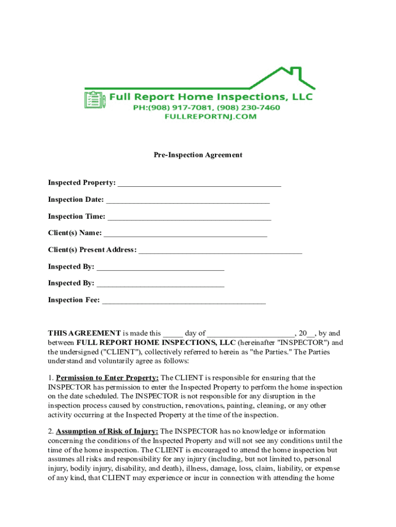 Fillable Online Pre-inspection Agreement for Home Inspections Fax Email ...