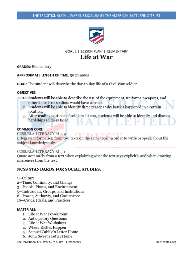 Fillable Online Effects of War: Traditional Elementary Civil War Lesson ...