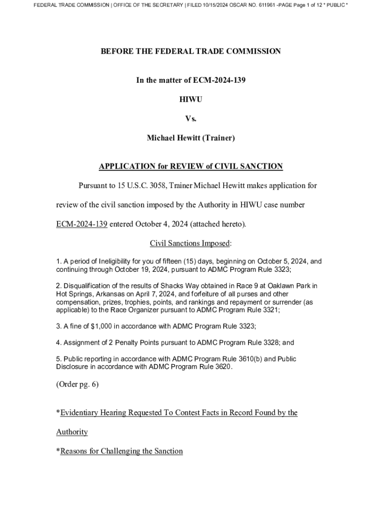 Fillable Online Application for Review of Civil Sanction Fax Email ...