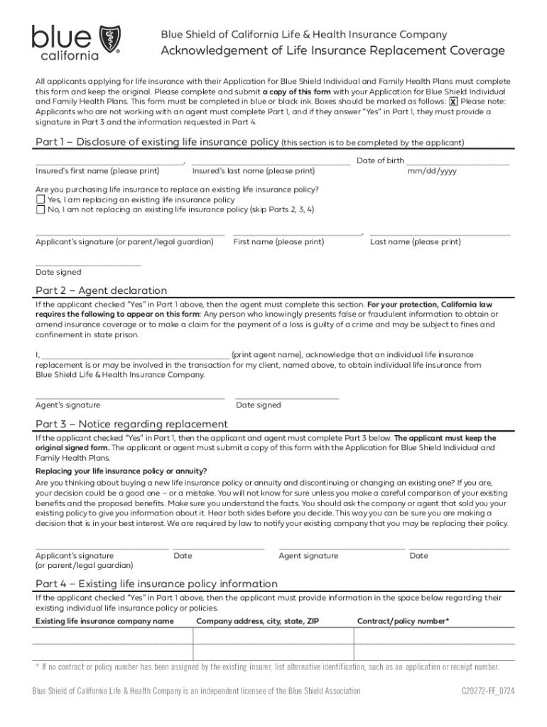 Fillable Online Blue Shield of California Life & Health Insurance ...