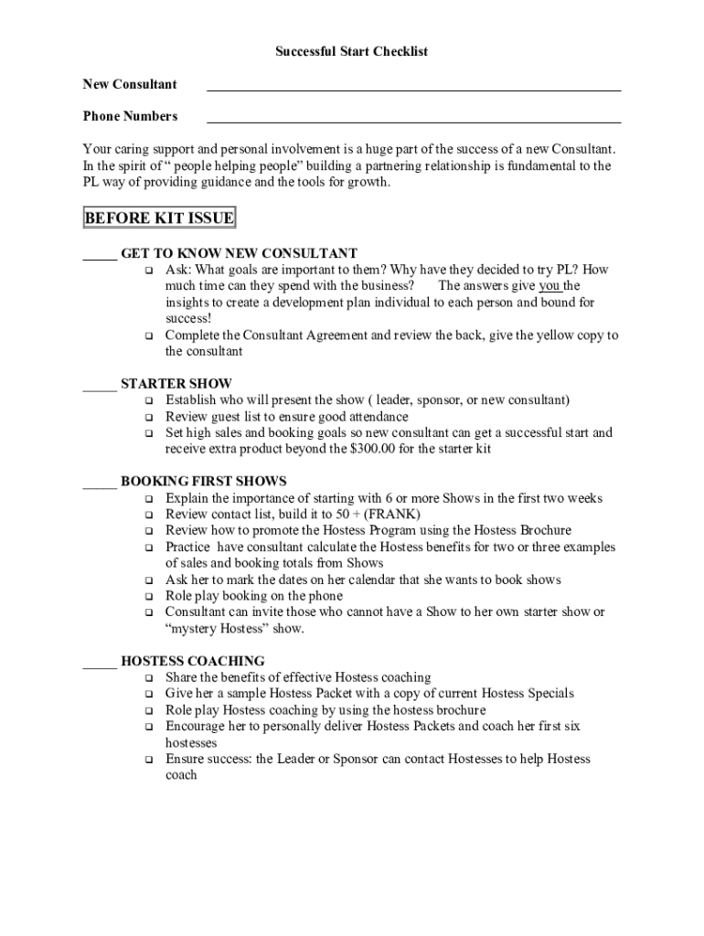 Fillable Online Successful Start Checklist for New Consultants Fax ...