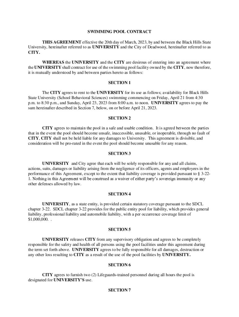 Fillable Online Swimming Pool Rental Agreement Between Black Hills ...