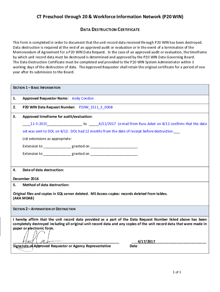 Fillable Online Data DestrUCTION CERTIFICATE Fax Email Print - pdfFiller