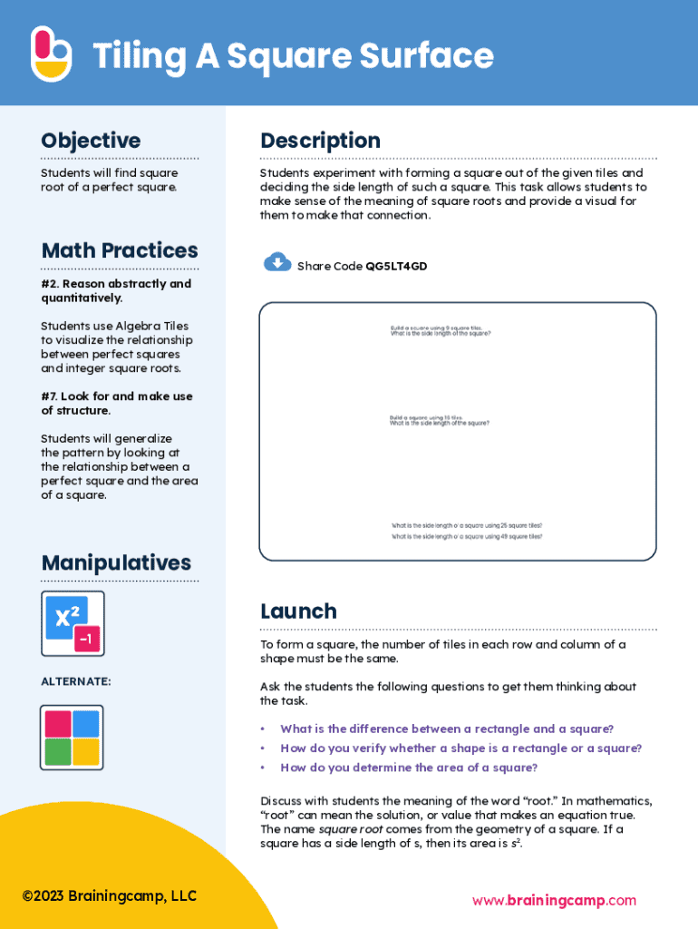 Fillable Online Squares and Square Roots. Form squares using Color ...