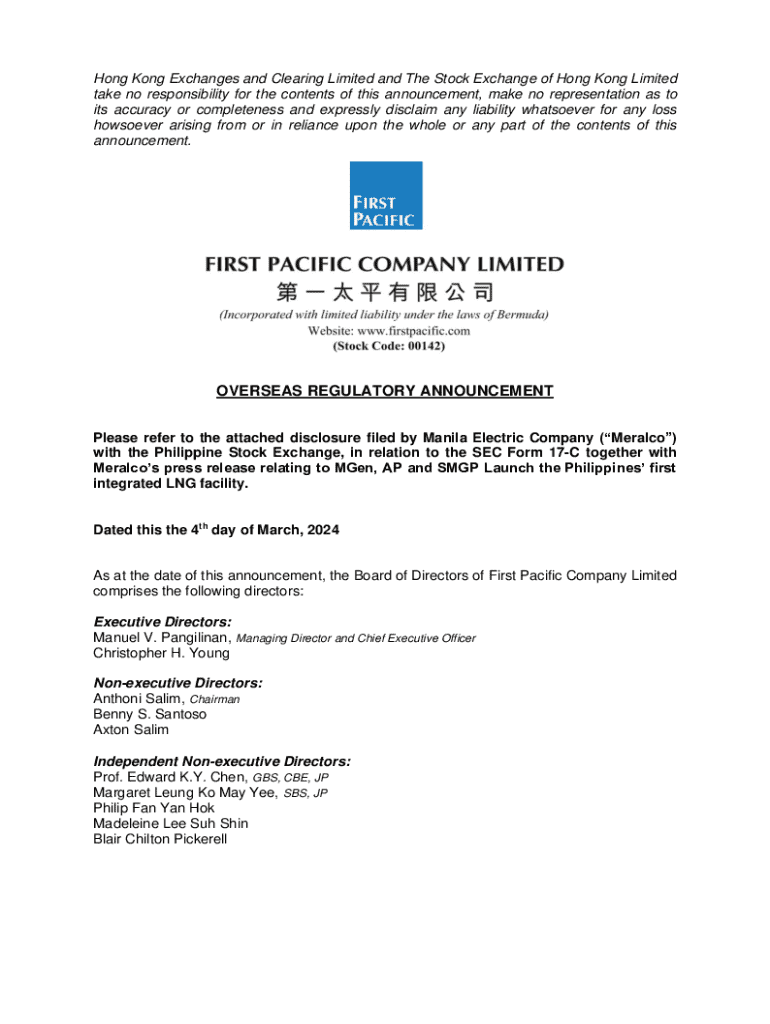 Fillable Online Overseas Regulatory Announcement: Meralco Powergen ...