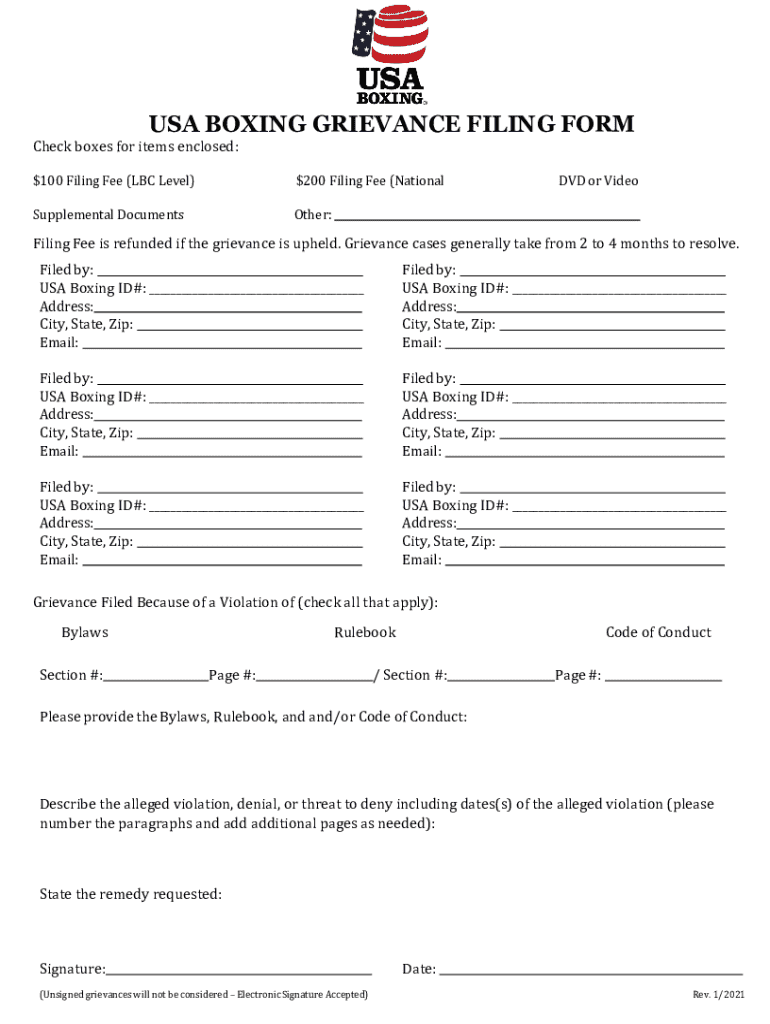 Fillable Online Usa Boxing Grievance Filing Form Fax Email Print ...