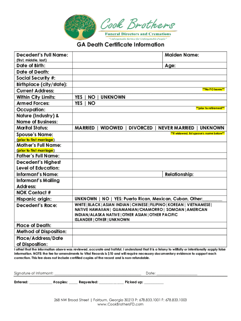 Fillable Online Georgia Death Certificate Fax Email Print - pdfFiller