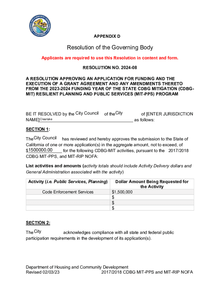 Fillable Online Resolution No. 2024-08: Approval of Cdbg Mitigation Grant Application Fax Email ...