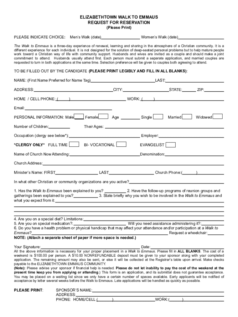 Fillable Online Request for Reservation - Walk to Emmaus Fax Email Print - pdfFiller