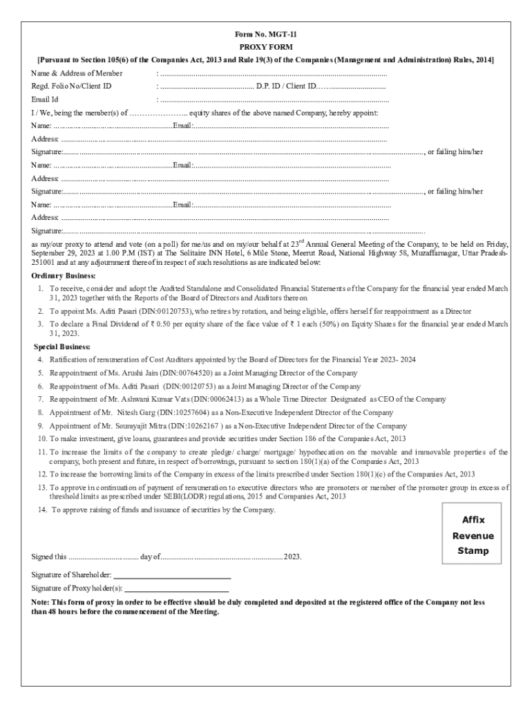 Fillable Online Form No. MGT-11 PROXY FORM Pursuant to section 105 (6 ...