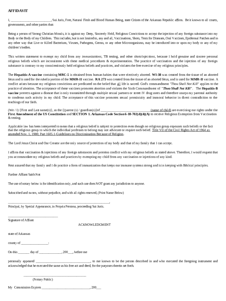 Affidavit of Religious Exemption From Vaccination Doc Template | pdfFiller