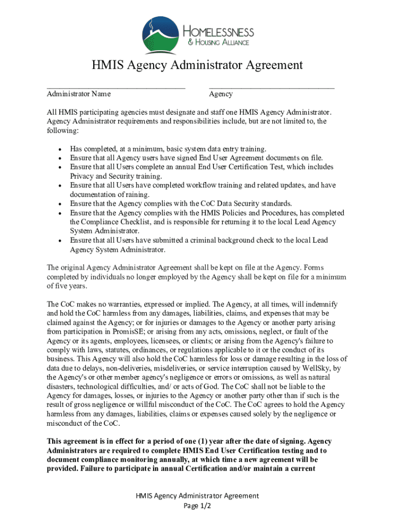 Fillable Online HMIS Agency Administrator Agreement Fax Email Print - pdfFiller
