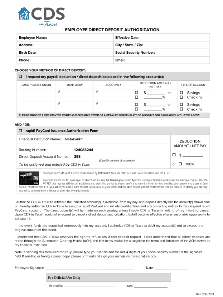 Fillable Online Direct Deposit Authorization Form Fax Email Print ...