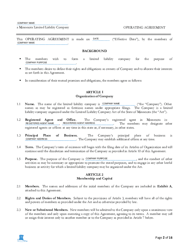 Fillable Online Operating Agreement for Llcs in Minnesota Fax Email ...