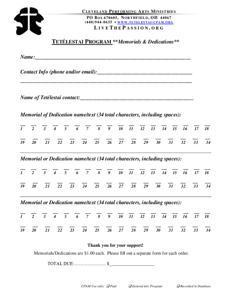 Fillable Online Memorials & Dedications - Tetélestai Program Fax Email Print - pdfFiller