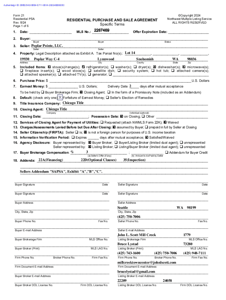 Residential Purchase and Sale Agreement - Blank Fillable Template ...