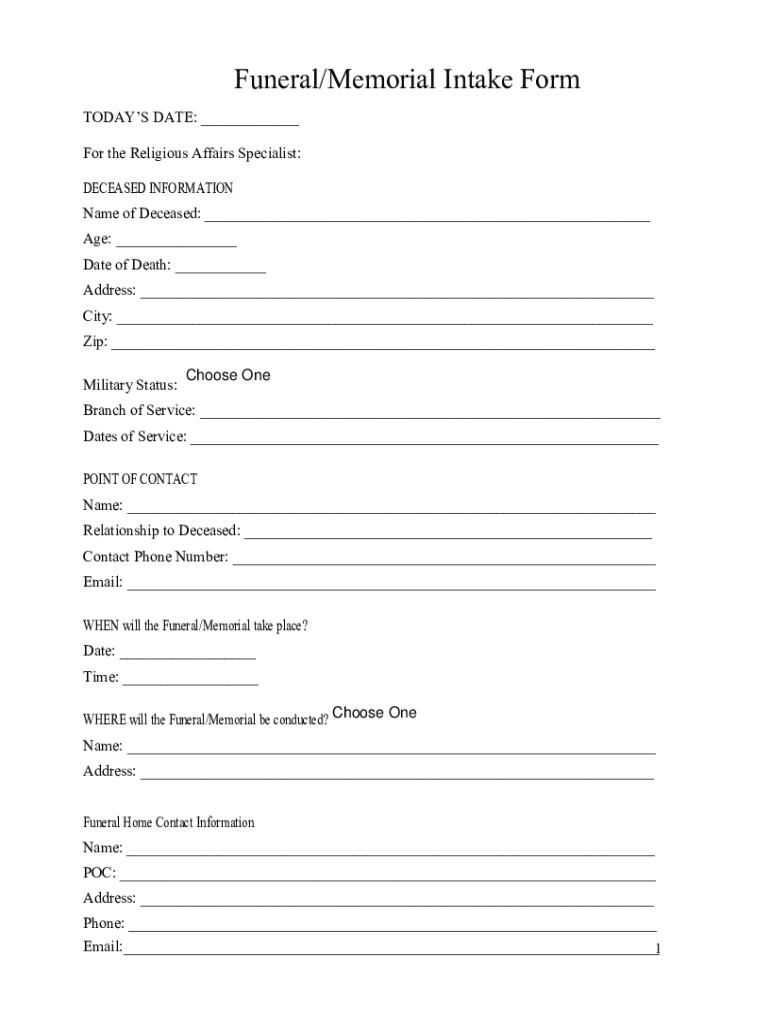Fillable Online Funeral/memorial Intake Form Fax Email Print - pdfFiller