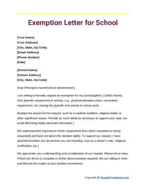 Exemption Letter for School Doc Template | pdfFiller