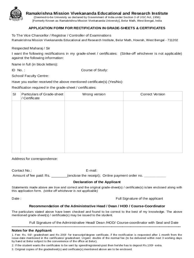 Application for Rectification in Grade-sheets & Certificates - rkmvu ac ...
